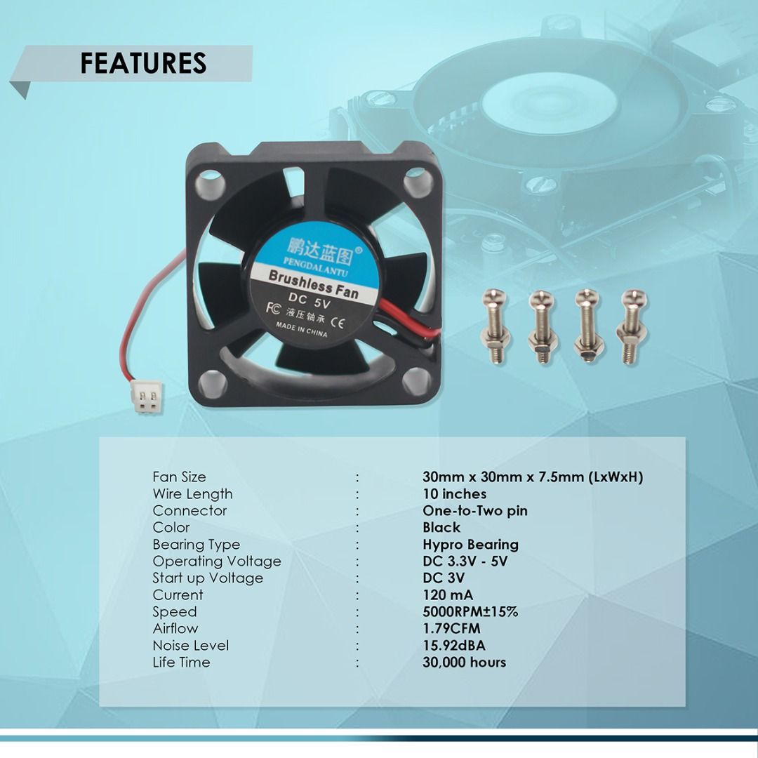 RASPBERRY PI BRUSHLESS FAN 30mm DC 5V, 2-PIN with 4-PCS SCREWS, BEST ...