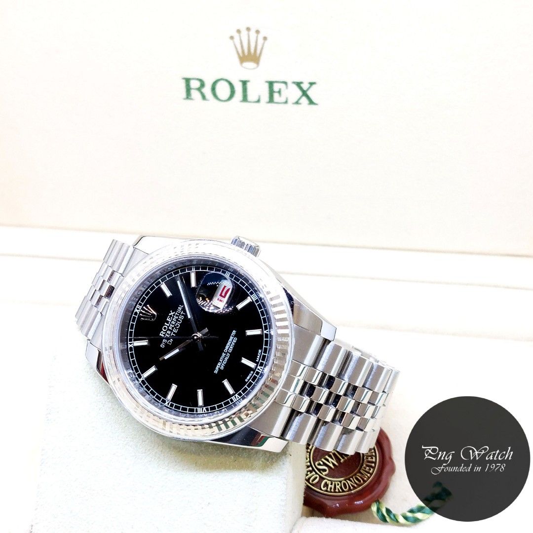 Rolex 36mm Oyster Perpetual Fluted Bezel Black Indexes Dial Datejust ...