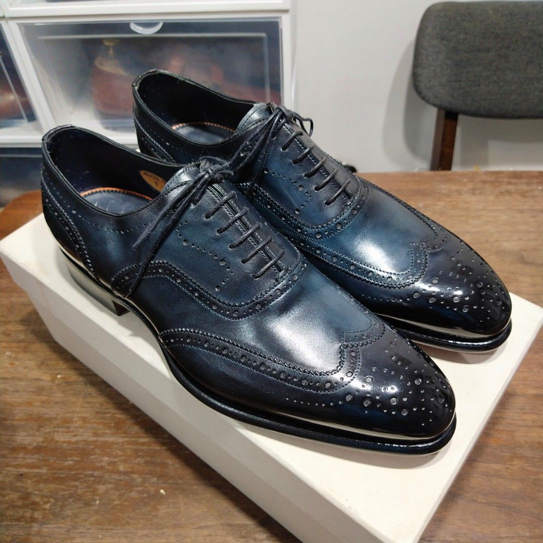Santoni Navy Blue Wingtip Oxford Leather Shoe, Men's Fashion, Footwear ...