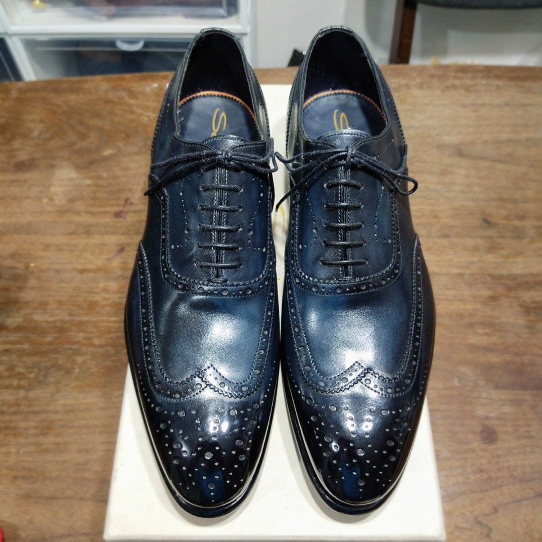 Santoni Navy Blue Wingtip Oxford Leather Shoe, Men's Fashion, Footwear ...