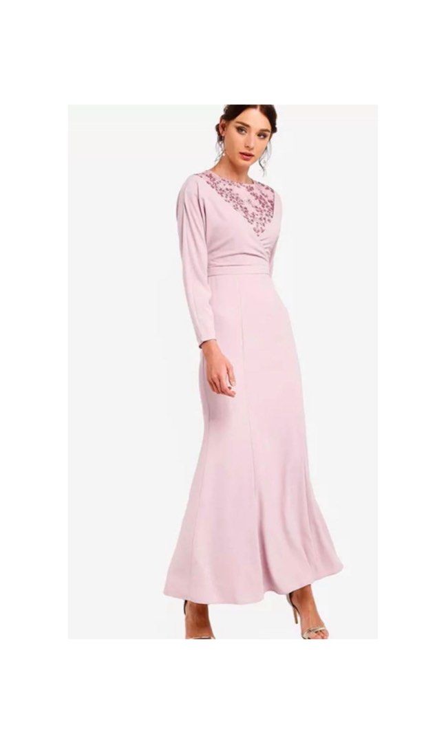 Zalia crusted floral sequin pieced mermaid dress (Nude pink), Women's ...