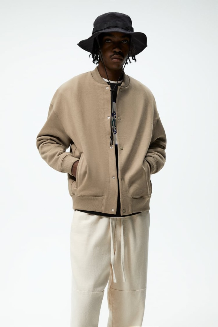 ZARA Basic Bomber Jacket (Stone) in Medium, Men's Fashion, Coats, Jackets and Outerwear on Carousell