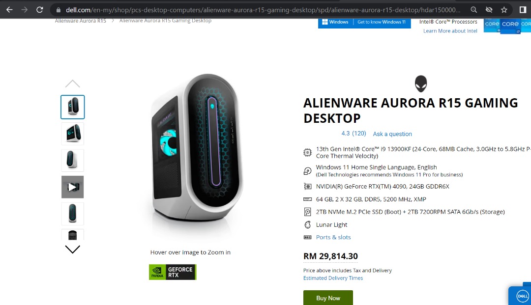 Alienware Aurora R15 RTX 4090 13900KF 64GB 5200mhz 4TB SSD - Lunar ...