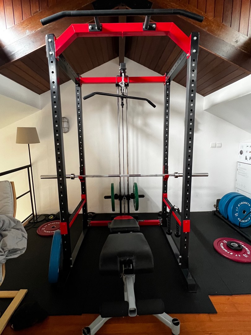 Full gym rack with bar, weights and floor mat, Sports Equipment ...