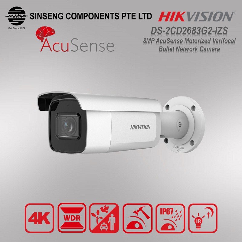 Hikvision 8MP DS-2CD2683G2-IZS AcuSense Motorized Varifocal Bullet PoE Network IP Camera ...
