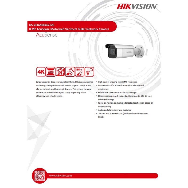 Hikvision 8MP DS-2CD2683G2-IZS AcuSense Motorized Varifocal Bullet PoE Network IP Camera ...