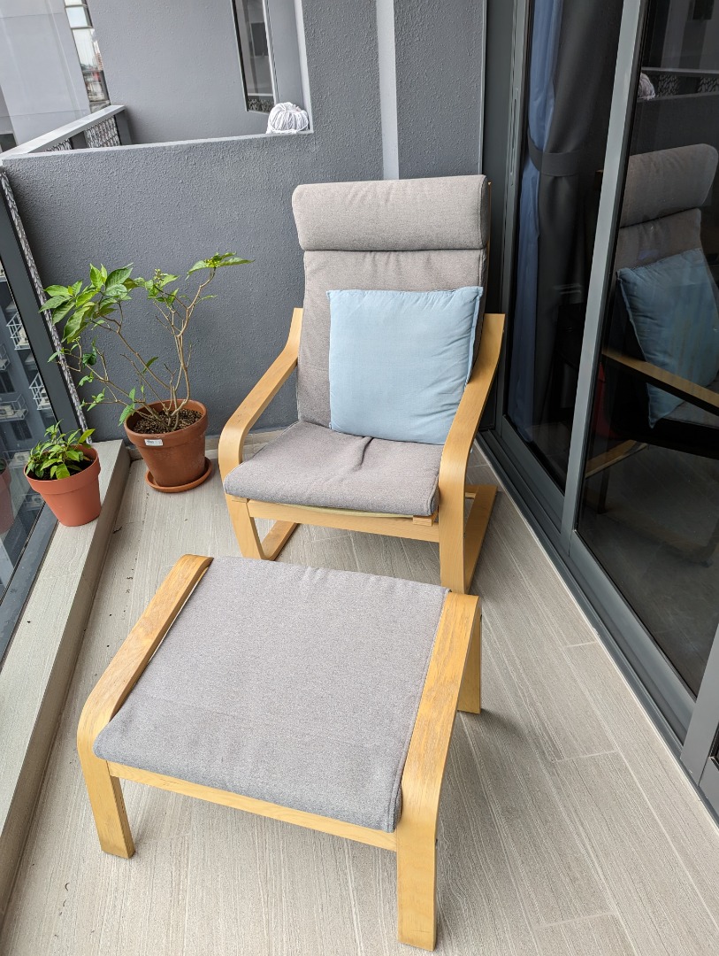 Ikea Poang armchair with footstool grey, Furniture & Home Living ...