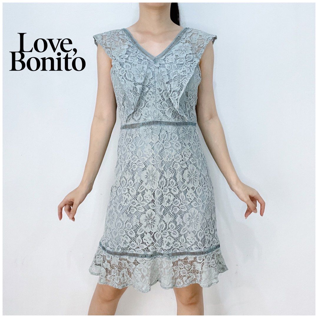 Love Bonito Lace Cascade Dress Blue Lace Ruffle V Neck A Line Mini ...