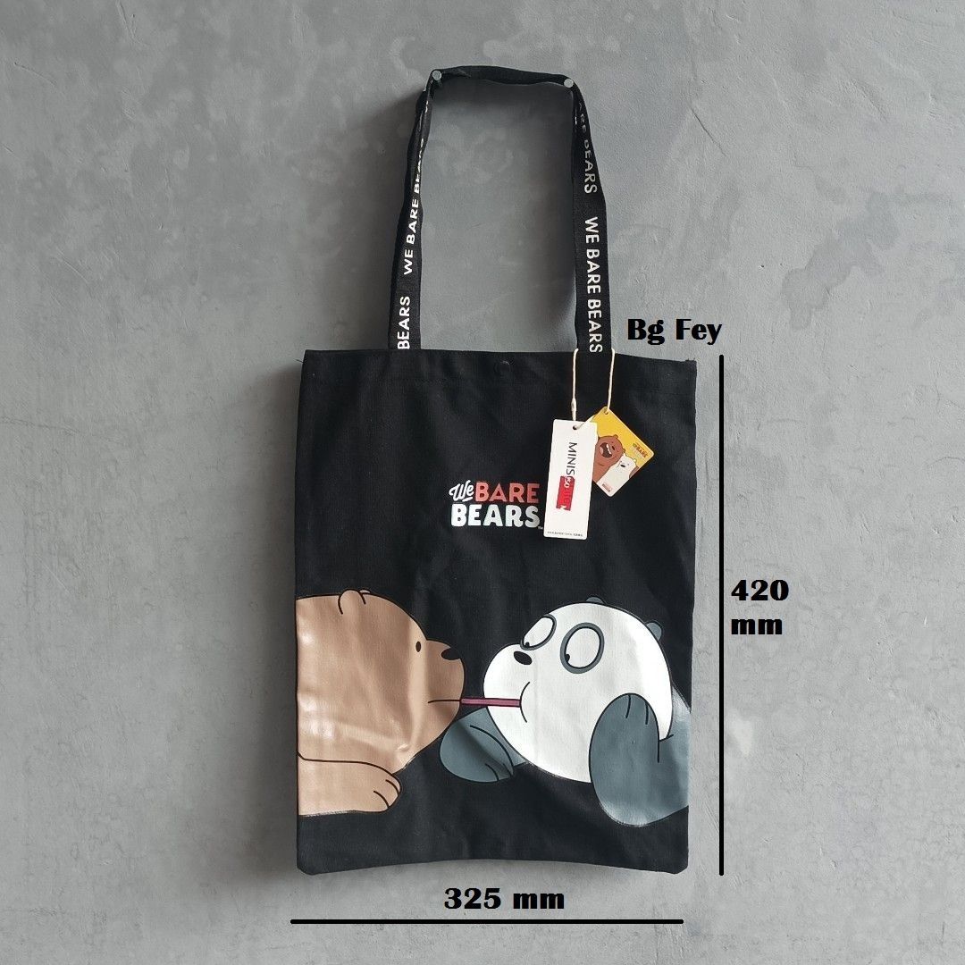 Miniso Tote Bag Canvas - We Bare Bears, Fesyen Wanita, Tas & Dompet di Carousell