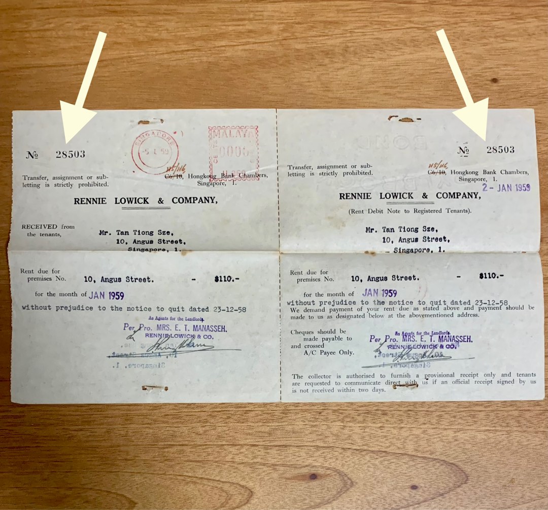 Singapore 1959 rent document original & duplicate postally sent to ...