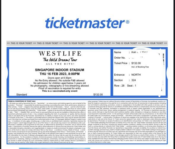 Westlife concert ticket x1 (16th Feb) The Wild Dreams Singapore ...