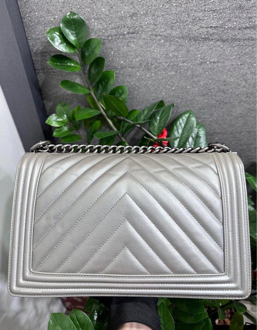 Chanel Boy New Medium Silver Metallic Caviar Rhw Bag, Luxury, Bags ...