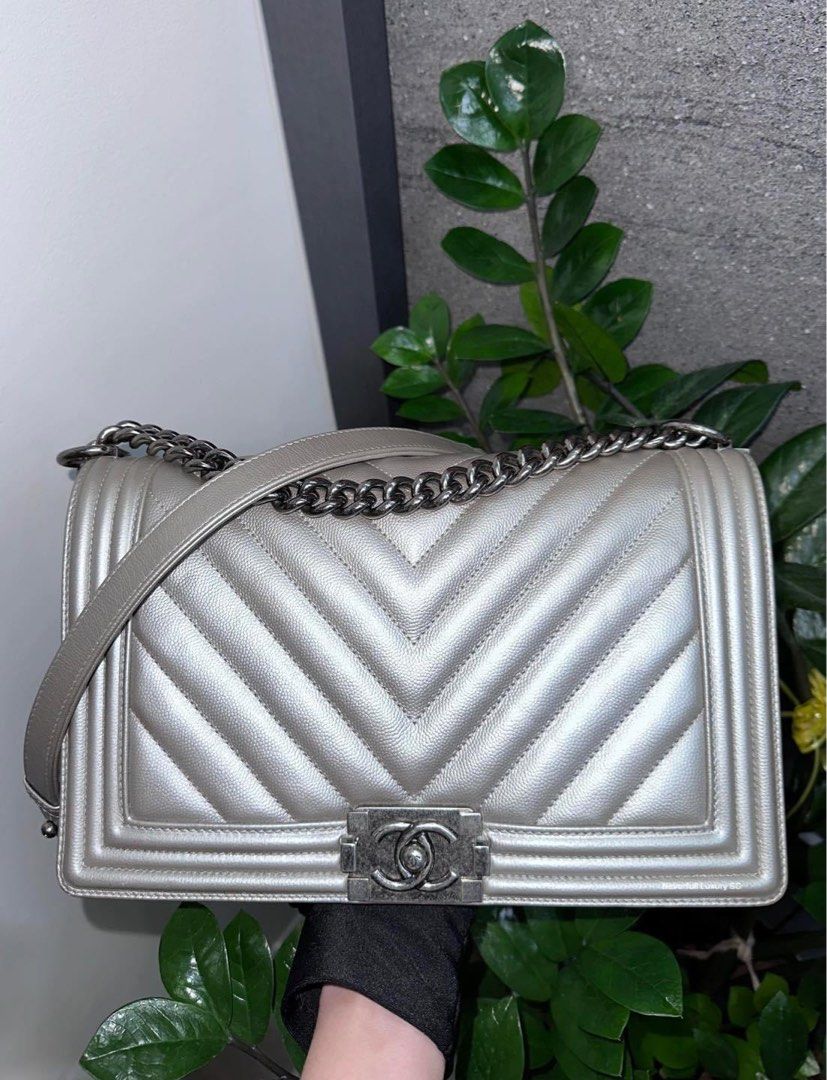 Chanel Boy New Medium Silver Metallic Caviar Rhw Bag, Luxury, Bags ...