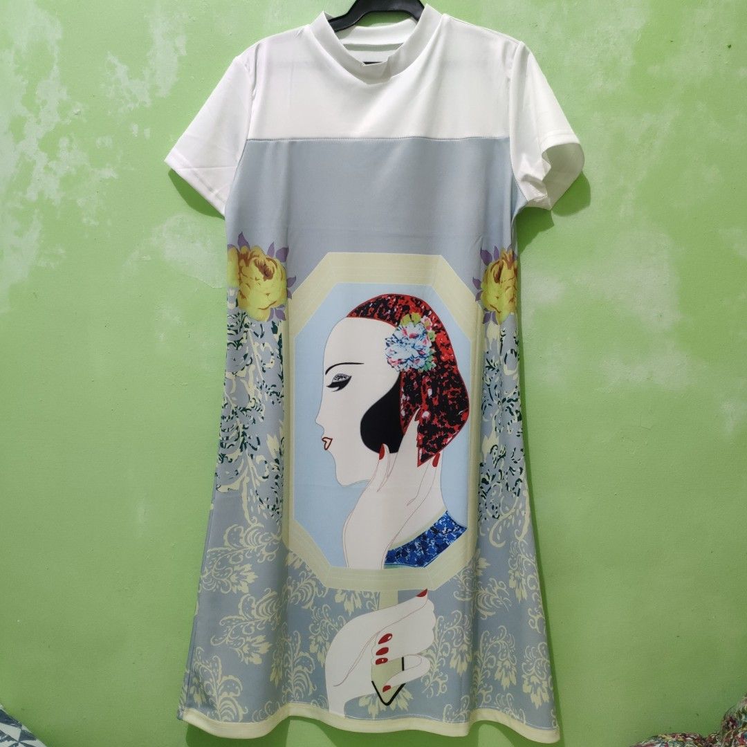 Chic Lady Character Print Self Belt Dress, Women's Fashion, Dresses ...
