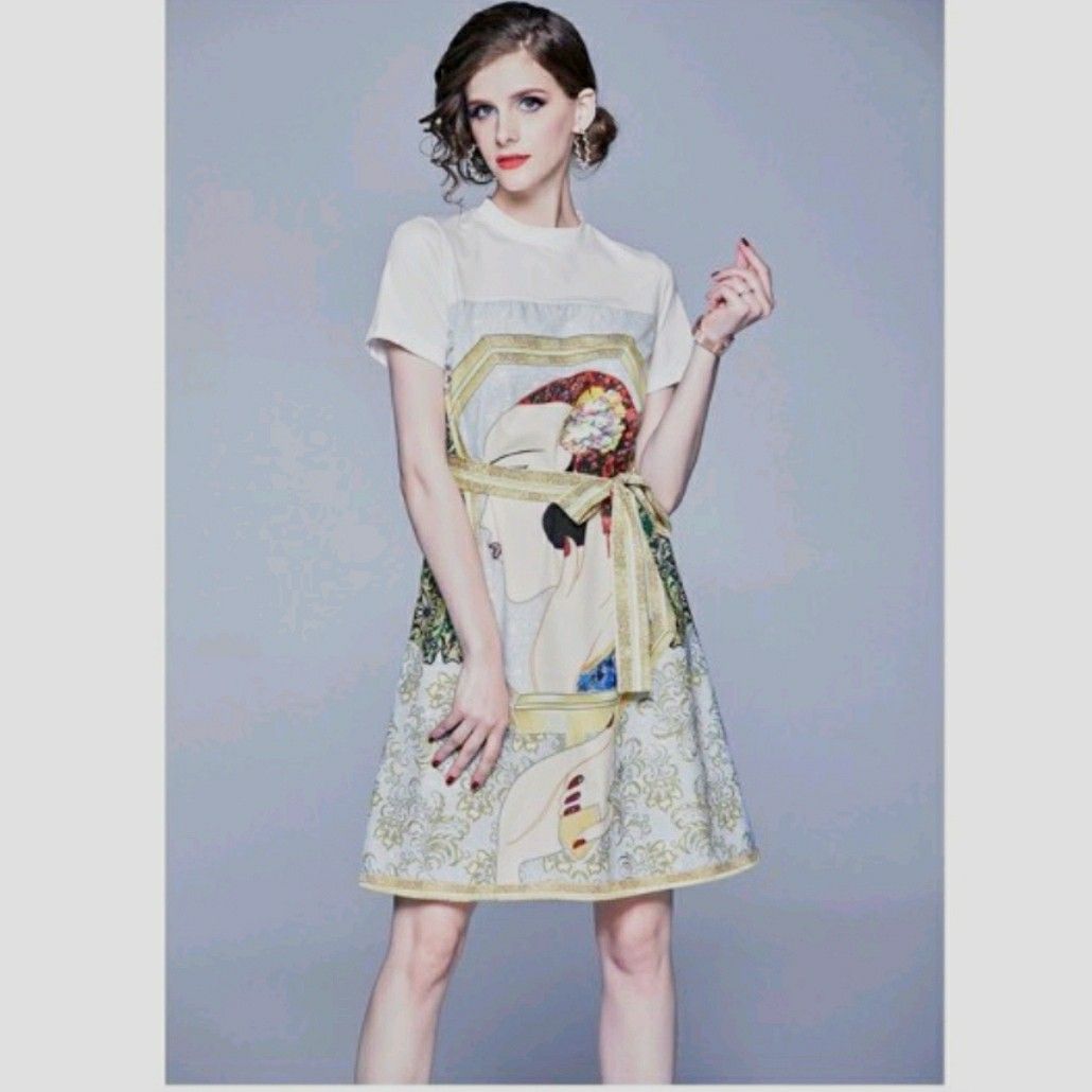 Chic Lady Character Print Self Belt Dress, Women's Fashion, Dresses ...