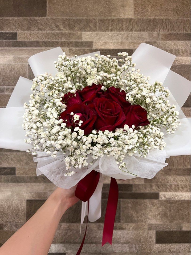 Fresh Red Rose Baby Breath Bouquet Flower Anniversary Valentines ...