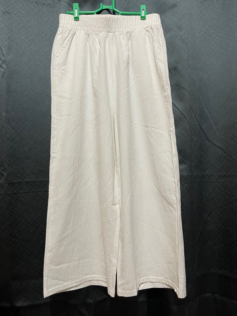 Garterized White Wide Leg Pants, Women's Fashion, Bottoms, Other ...