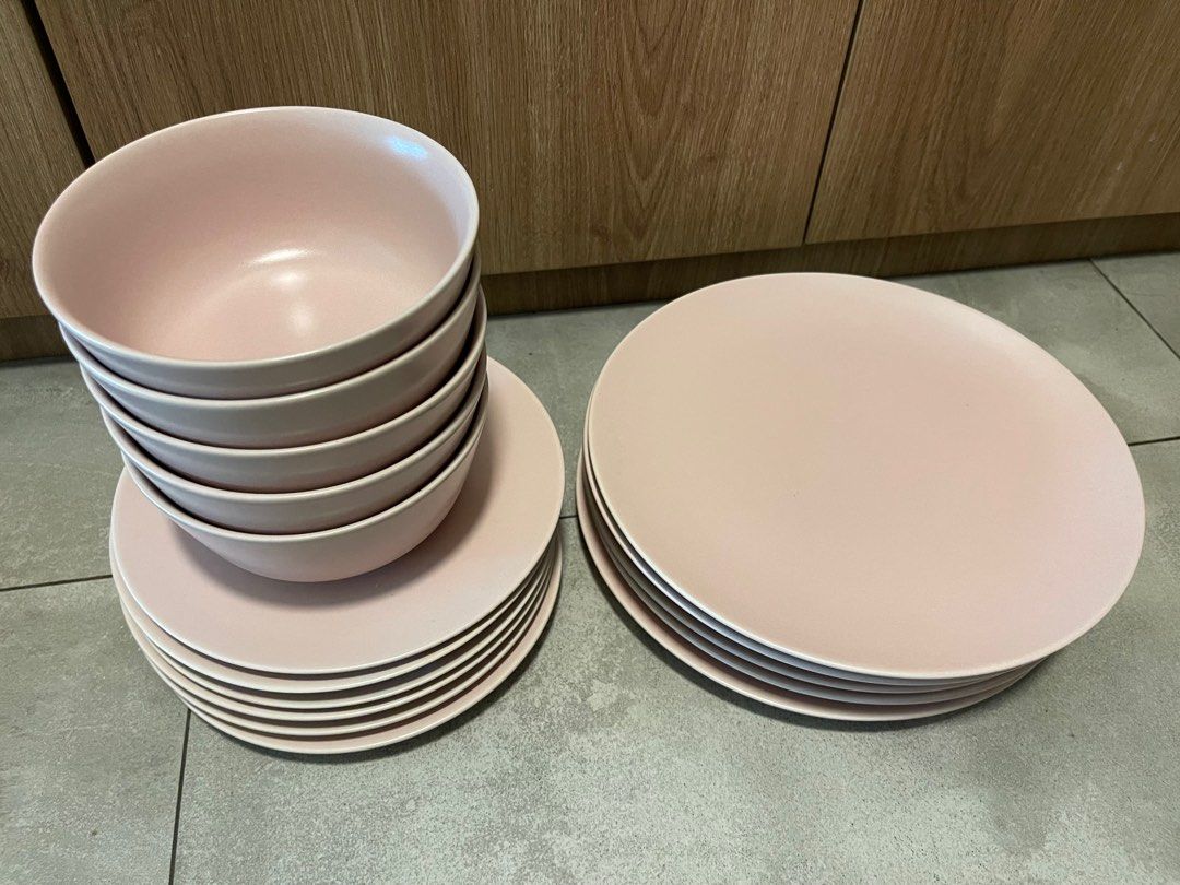 IKEA pink Dinera dinnerware set of large and small plates, bowls ...
