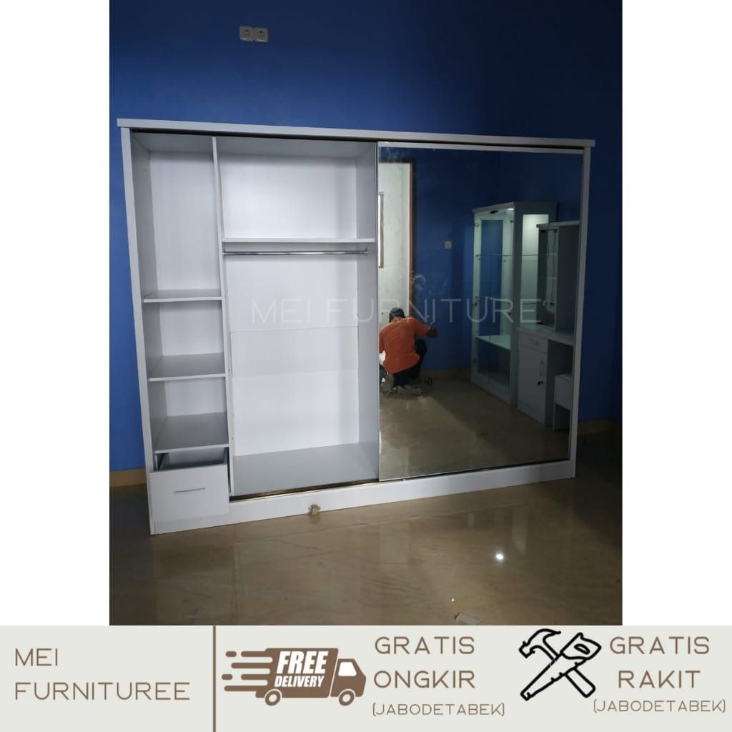 Lemari pakaian sliding door 2 pintu full cermin frameless murah modern ...