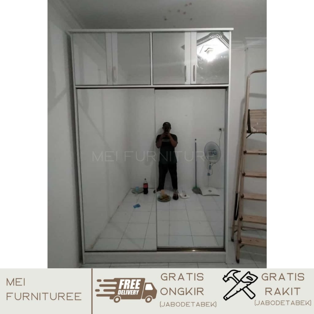 Lemari sliding door 2 pintu full cermin plus box/kabinet atas termurah ...