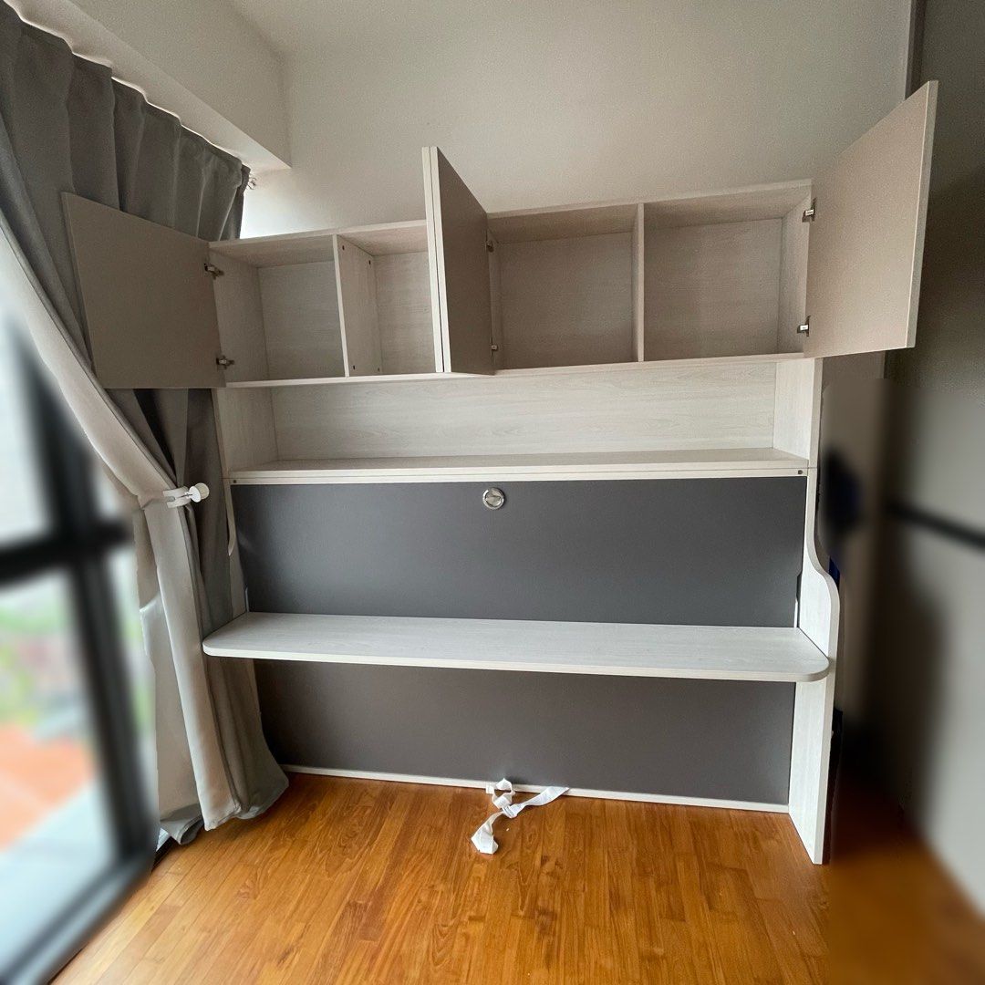 Retractable super single bed frame with a rack and top 4 doors cabinet ...