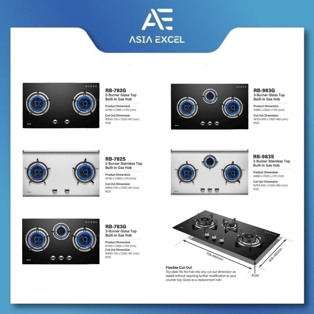 RINNAI FLEXIHOB BUILT-IN GAS HOB GLASS/STAINLESS STEEL - MULTI MODELS [RB-782G/RB-782S/RB-783G ...