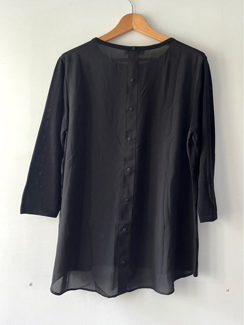 Sans & Sans Black Knitted 3/4 Sleeves Translucent Blouse Top, Women's ...