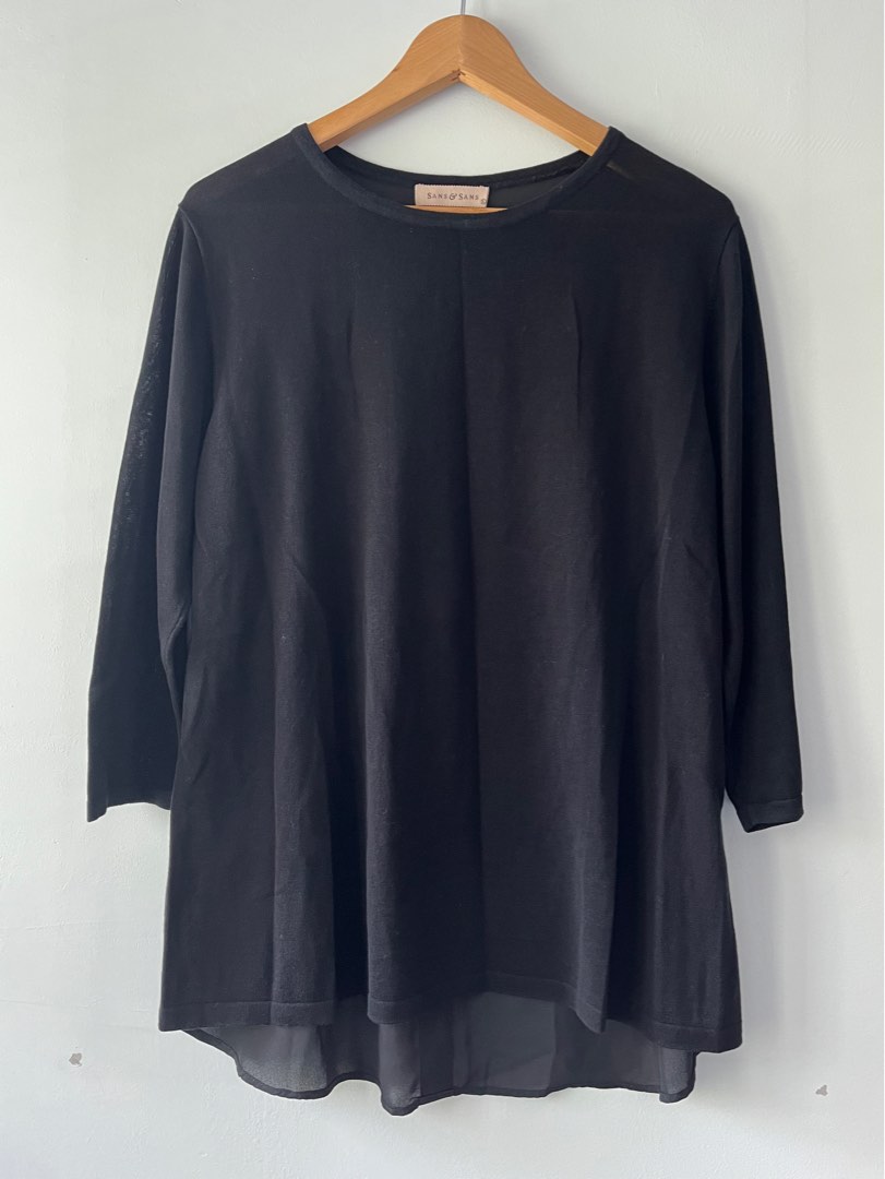 Sans & Sans Black Knitted 3/4 Sleeves Translucent Blouse Top, Women's ...