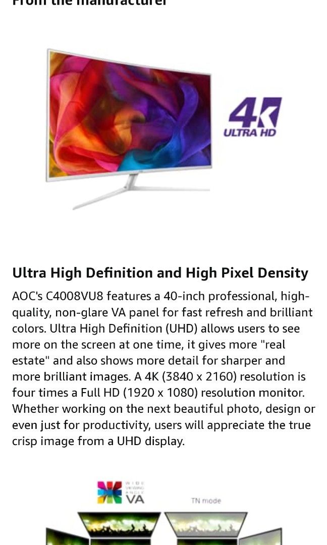 AOC 40 inch curved monitor Gaming, Computers & Tech, Desktops on Carousell