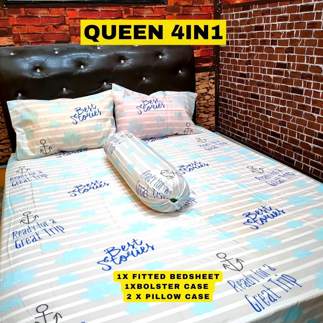 Cadar Fitted Queen 4 in 1 Set Cadar Getah Tukar ganti mampu milik ...
