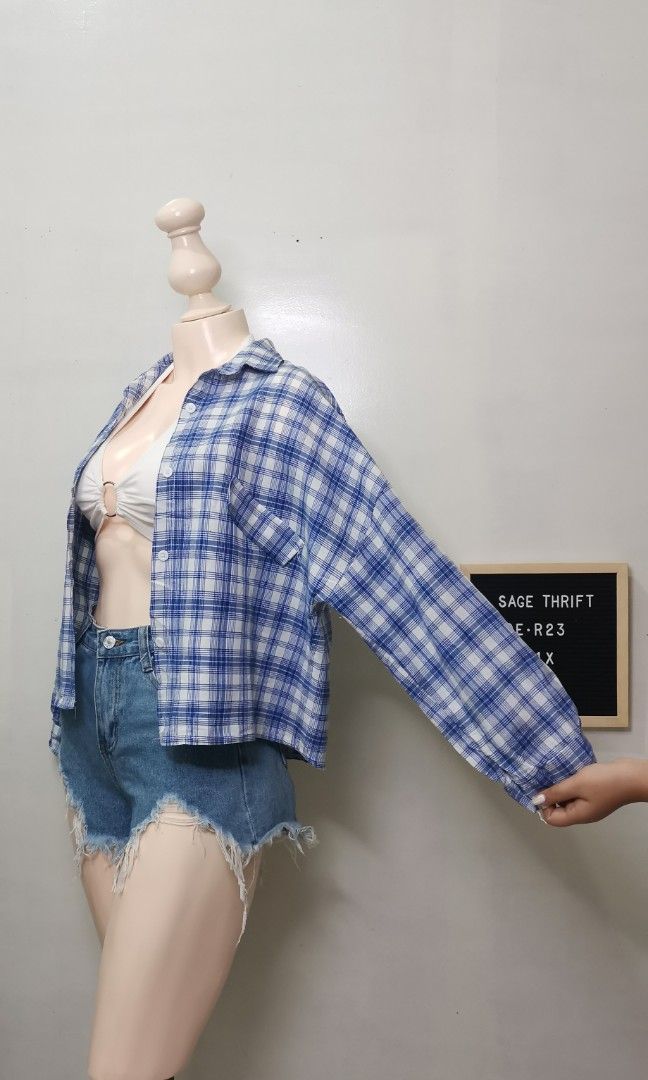 Korean Blue Checkered Polo, Women's Fashion, Tops, Longsleeves on Carousell