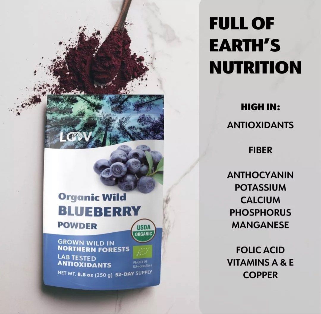 LOOV Organic Wild Blueberry Powder 250g, Health & Nutrition, Health ...