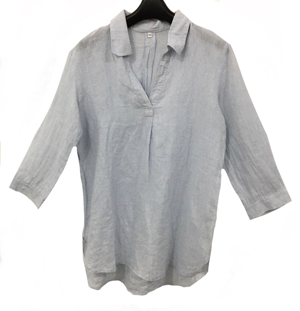 Muji 100% Linen Light Sand Blue Womens Long Tops, Women's Fashion, Tops ...