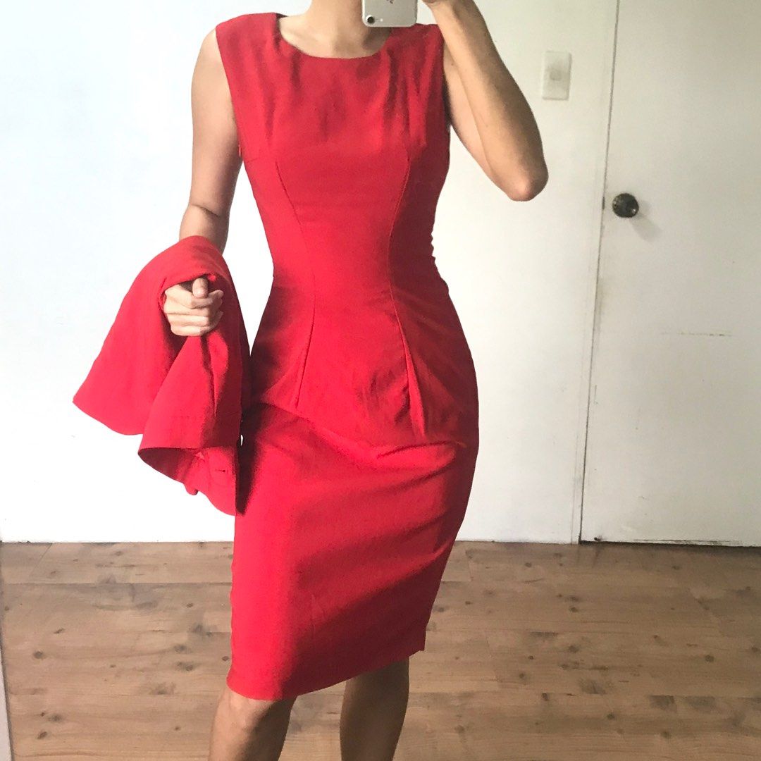 New: 2-in-1 The Black Shop Red Formal Corporate Dress and Matching Blazer Set Terno Work ...