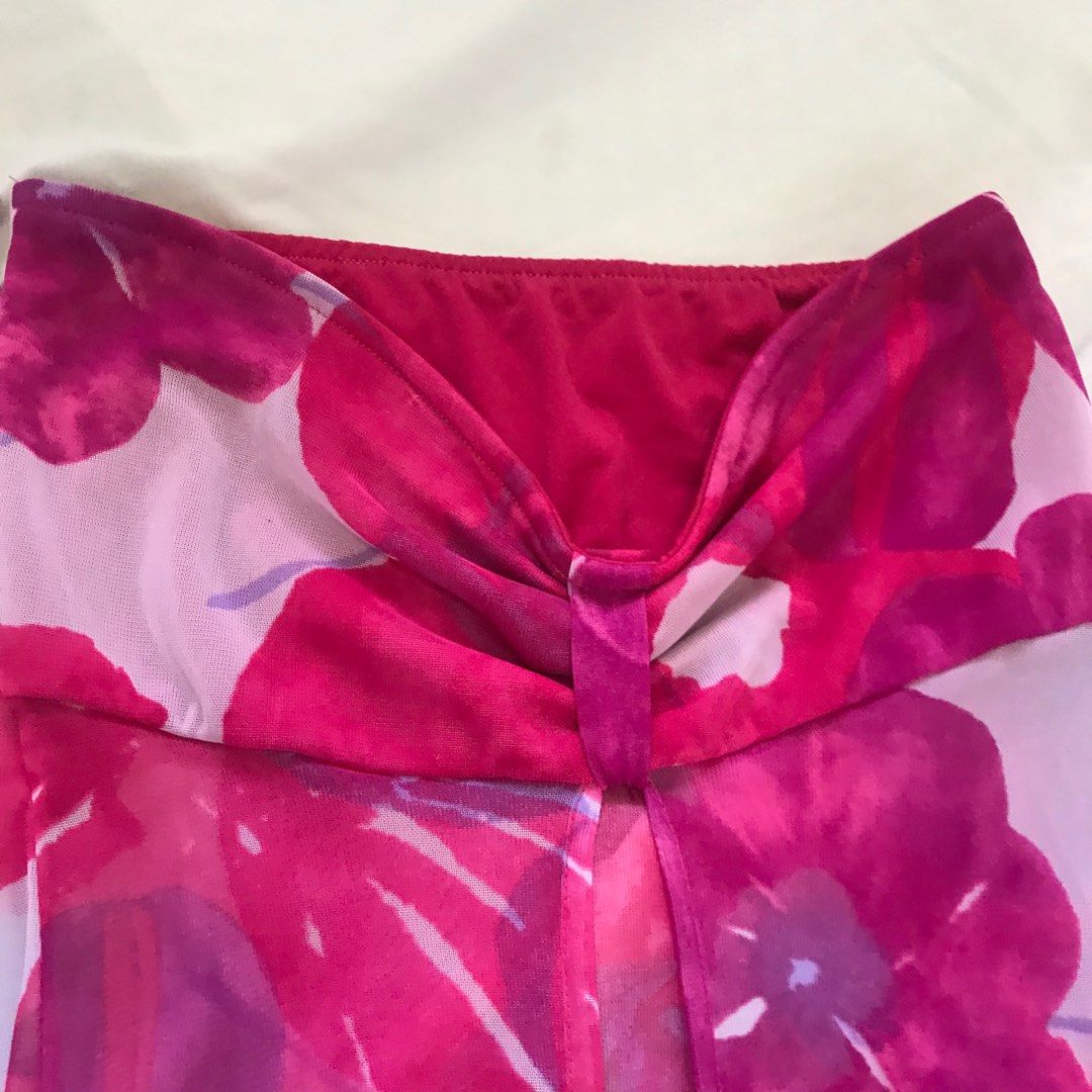 Pink Hibiscus Flowers Sweetheart Neckline Tube Mesh Long Top Front Slit ...