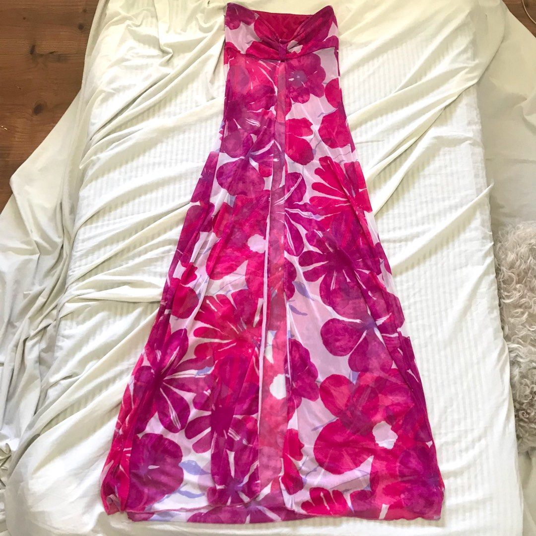 Pink Hibiscus Flowers Sweetheart Neckline Tube Mesh Long Top Front Slit ...