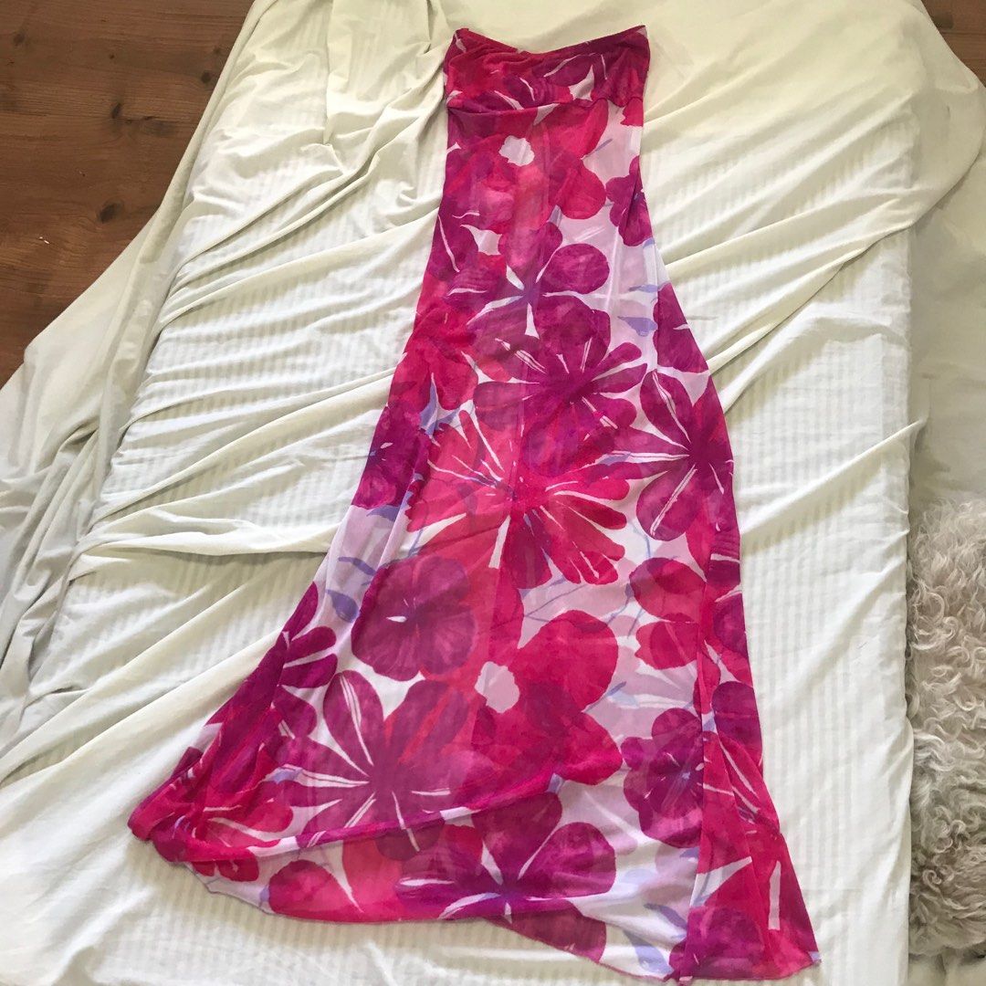 Pink Hibiscus Flowers Sweetheart Neckline Tube Mesh Long Top Front Slit ...