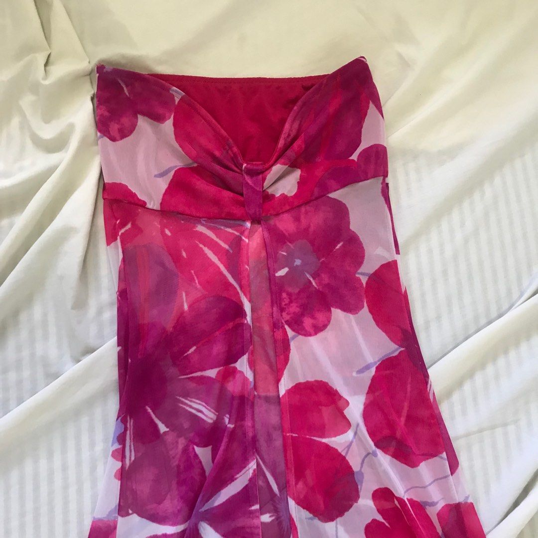 Pink Hibiscus Flowers Sweetheart Neckline Tube Mesh Long Top Front Slit ...