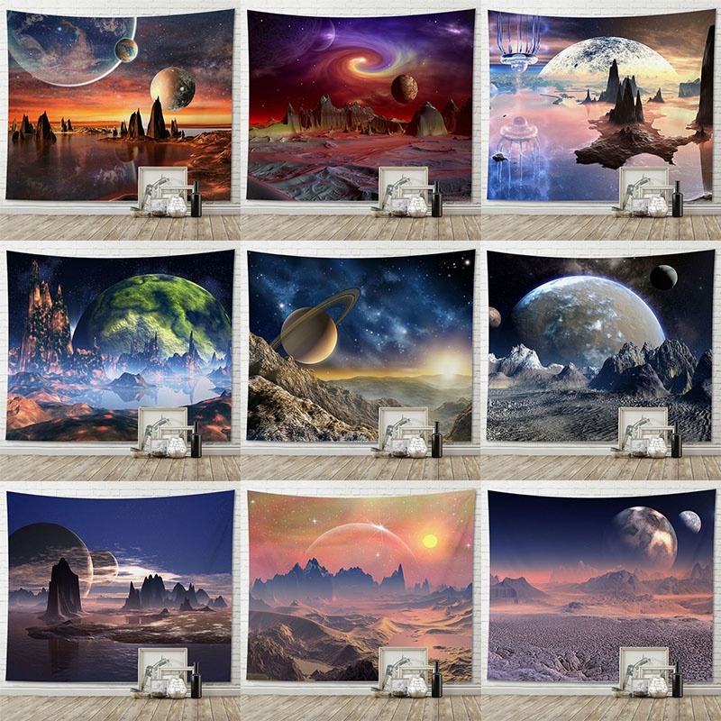 Tapestry Background with Psychedelic 3D Moon Solar System Planets Earth ...