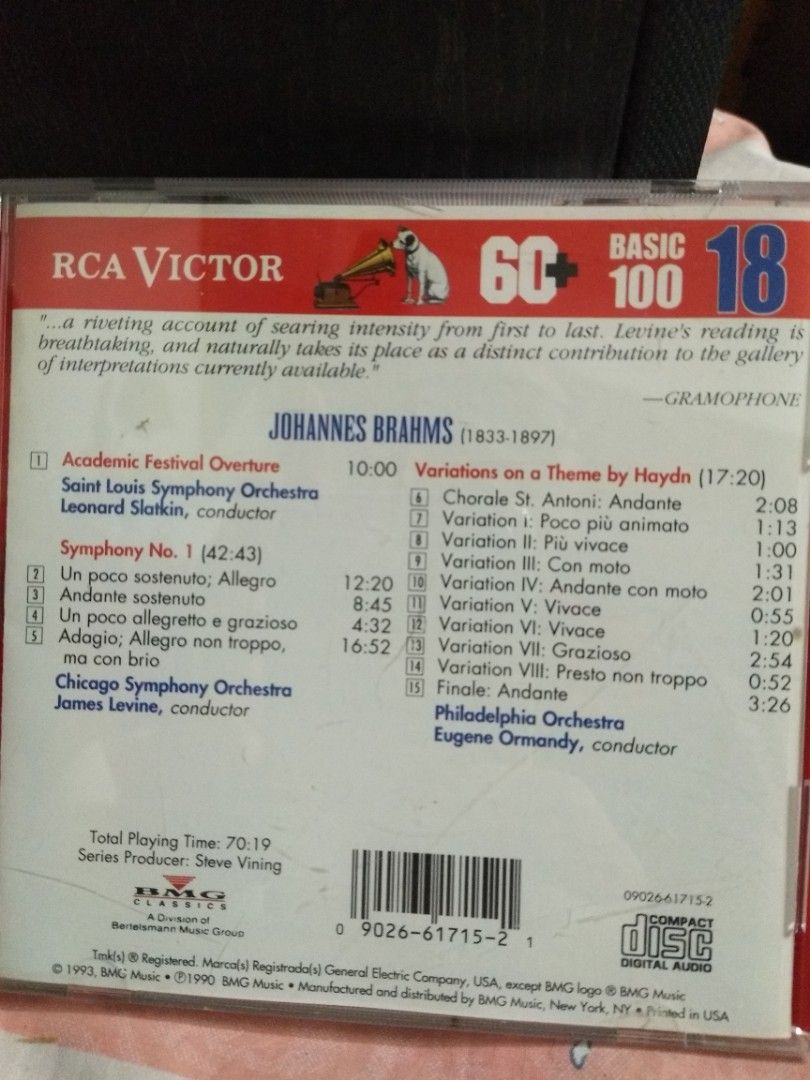 美版 RCA Victor Basic 100 vol.18 Brahhms:Symphony no.1 CD 舊版 JVC 長城碼 1990年, 興趣及遊戲, 音樂、樂器 & 配件, 音樂與 ...