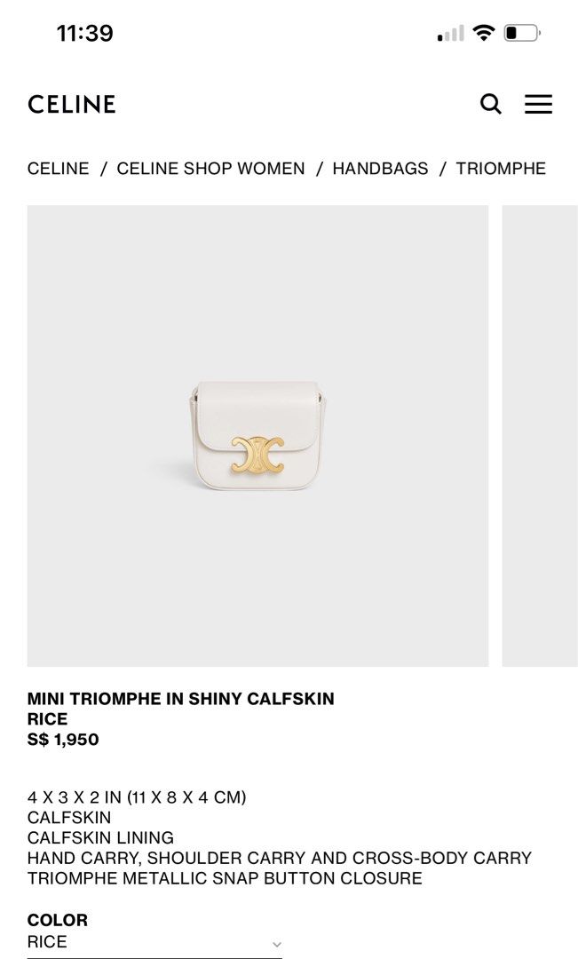 Celine Mini Triomphe in Rice, Women's Fashion, Bags & Wallets, Cross ...