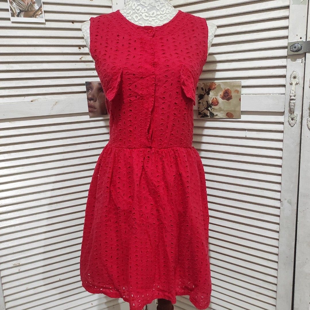 EYELET RED DRESS, Women's Fashion, Dresses & Sets, Dresses on Carousell