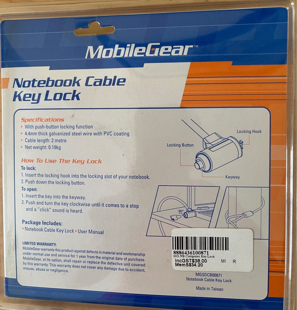 Notebook cable key lock, Computers & Tech, Laptops & Notebooks on Carousell