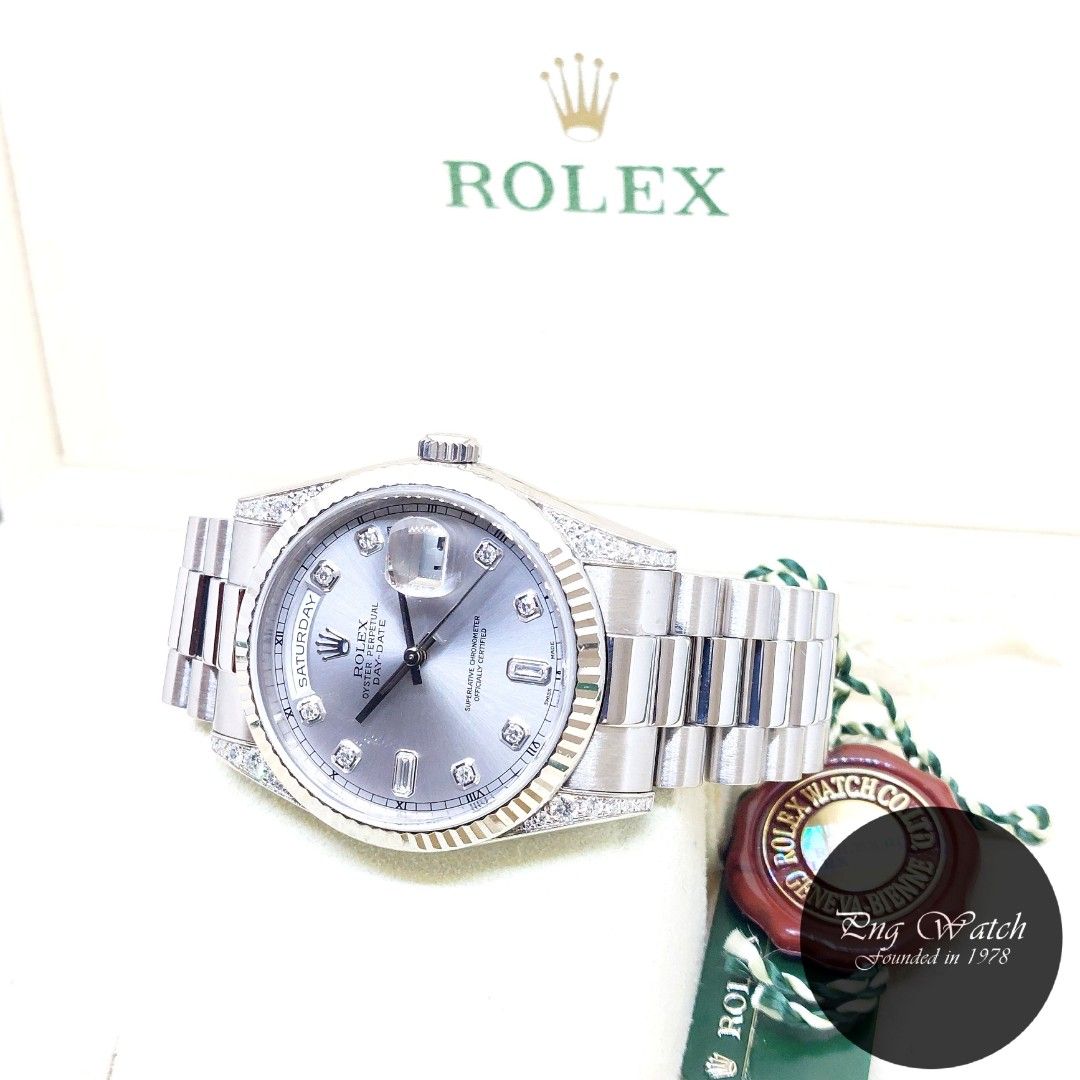Rolex 36mm Oyster Perpetual 18K Full White Gold Silver Big Diamonds ...