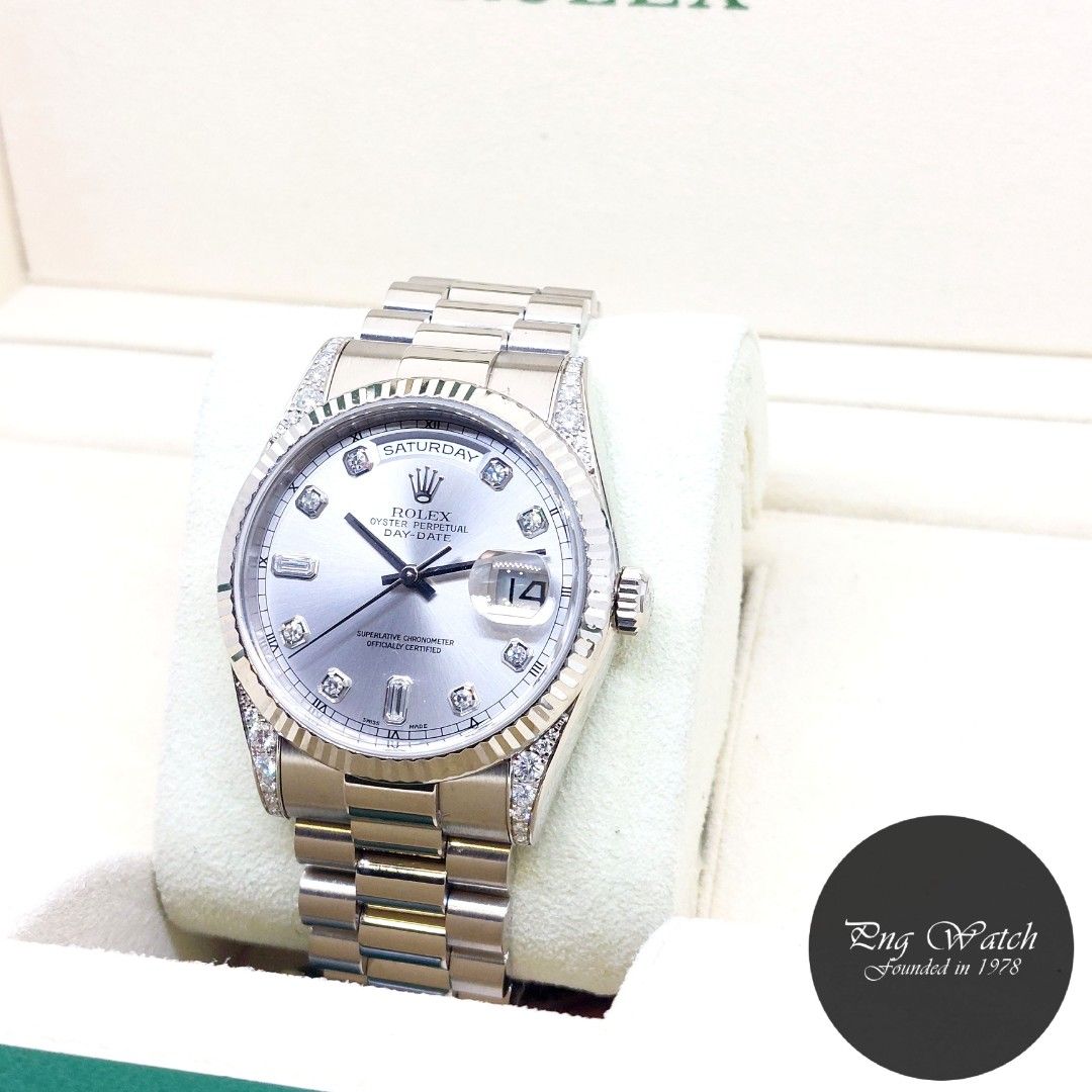 Rolex 36mm Oyster Perpetual 18K Full White Gold Silver Big Diamonds ...