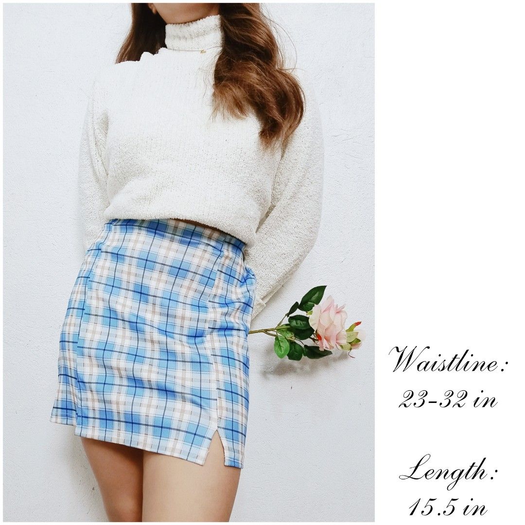 Sky Blue Plaid Skirt, Women's Fashion, Bottoms, Skirts on Carousell
