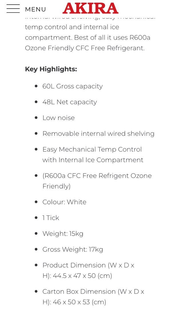 Akira 62L Mini Bar Fridge, TV & Home Appliances, Kitchen Appliances ...