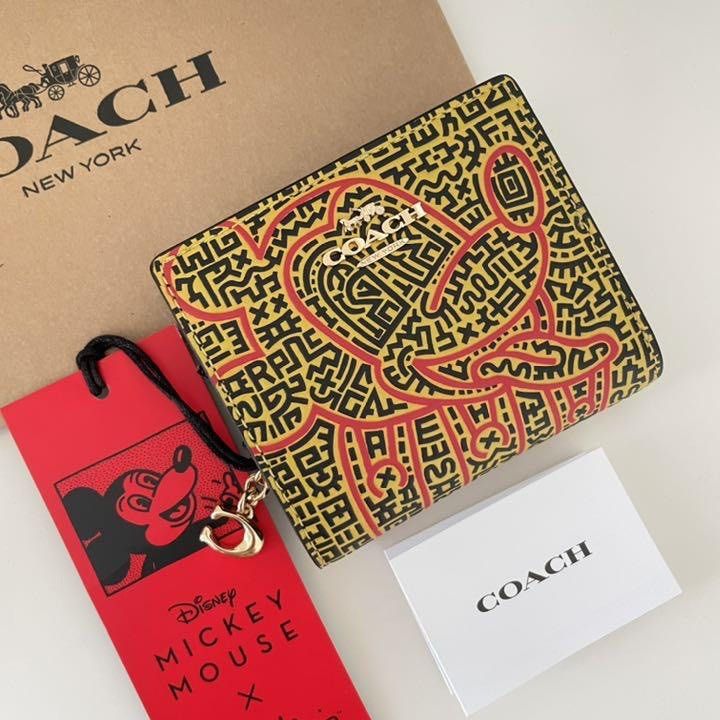 Coach Disney Mickey Mouse X Keith Haring Yellow Maze Snap Wallet ...