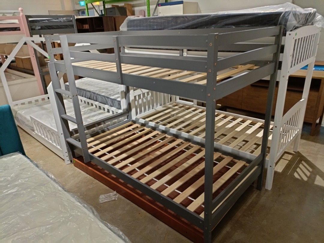 RUZENDA Double Deck Wooden Bunk Bed in GREY, Furniture & Home Living ...