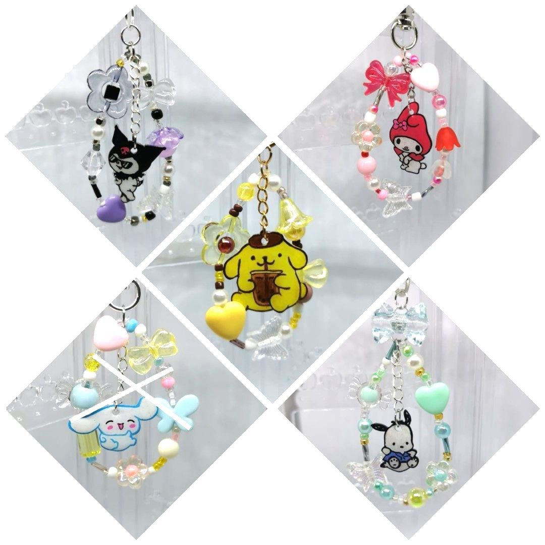 Sanrio Beaded Keychain Keyring Phone Strap Handmade bag charms Kuromi ...